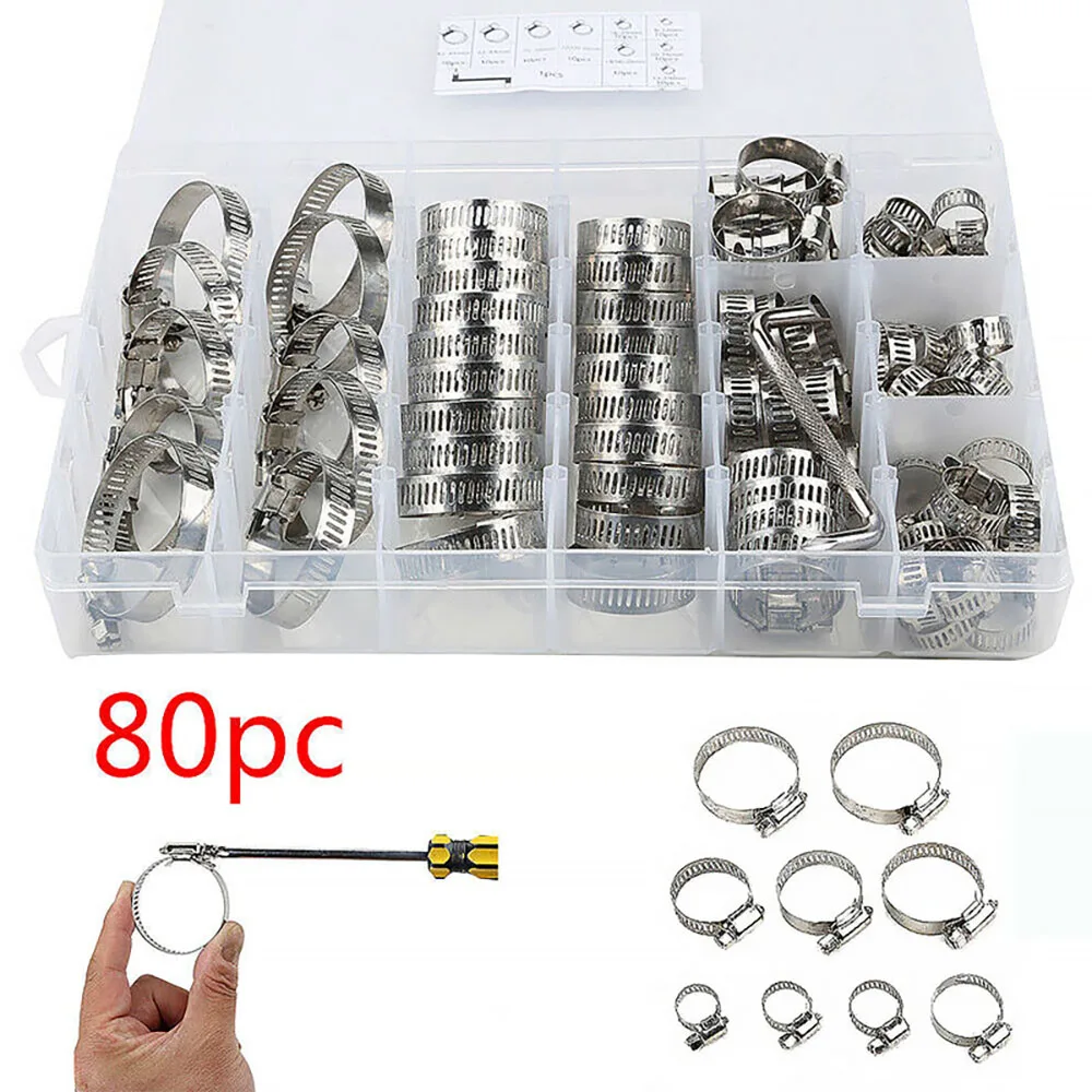 80Pcs-Stainless-Steel-Hose-Clamp-Kit-Assorted-Pipe-Hoop-Tube-Collars ...