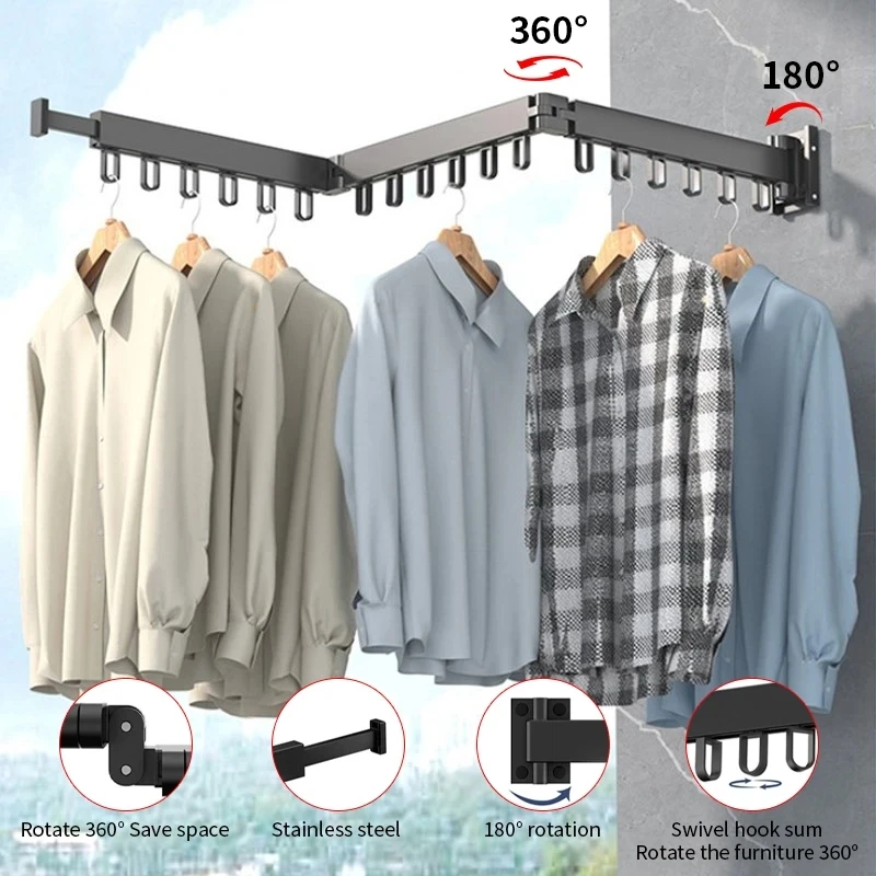 Folding Clothes Hanger Wall Mount Retractable Cloth Drying Rack Indoor ...