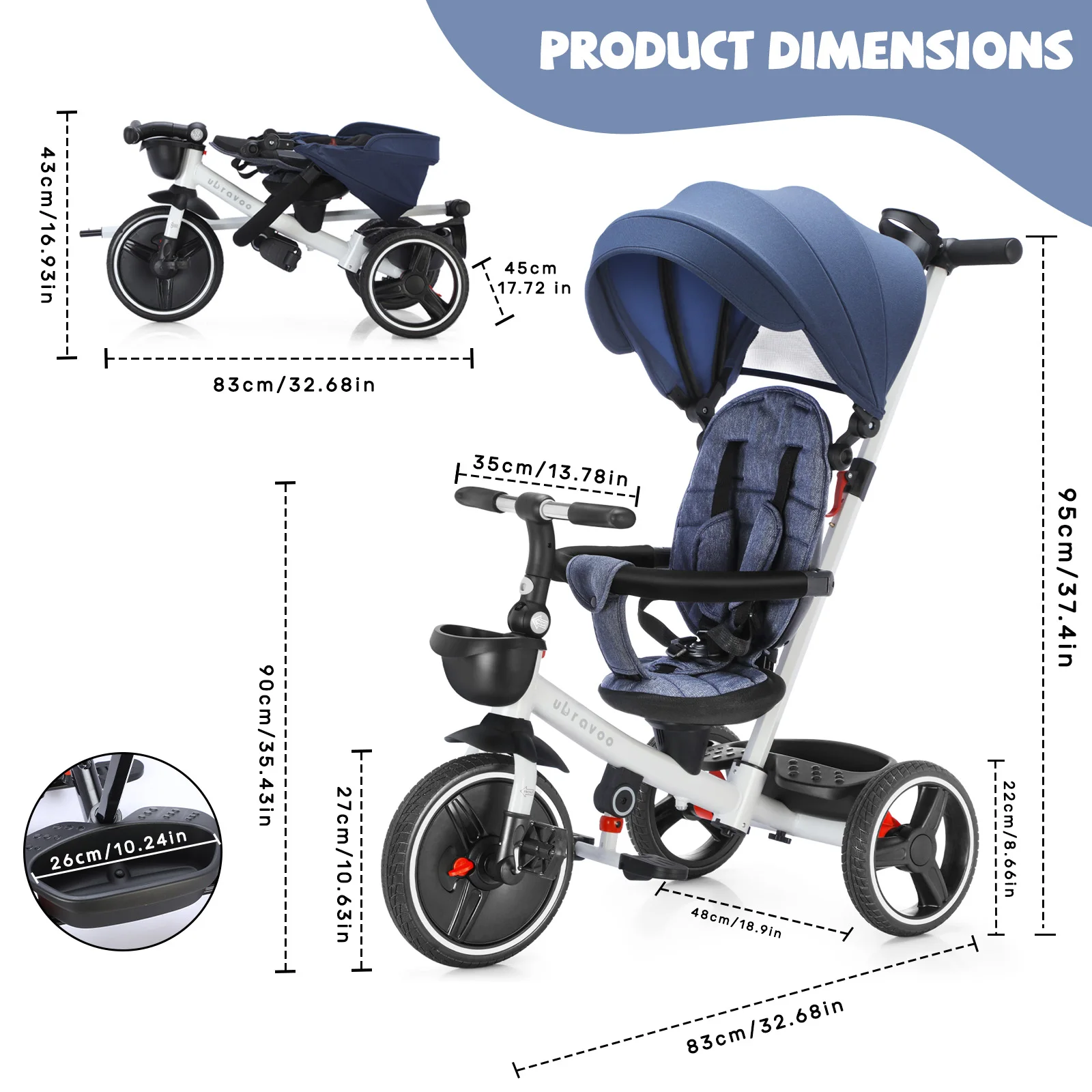 6-in-1 Folding Baby Tricycle – Adjustable Parent Handle, Safety Harness ...