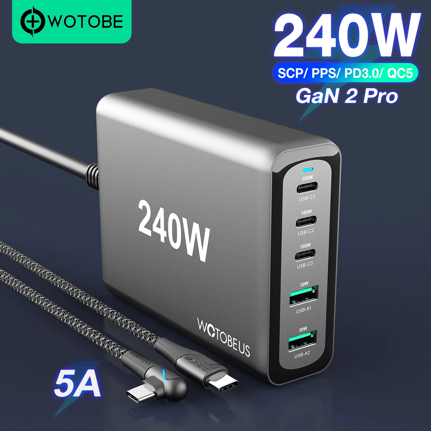 Wotobe 240w Gan 2 Pro Usb-c Power Adapter,5-port Pd100w Pps 65w 45w Qc4 ...