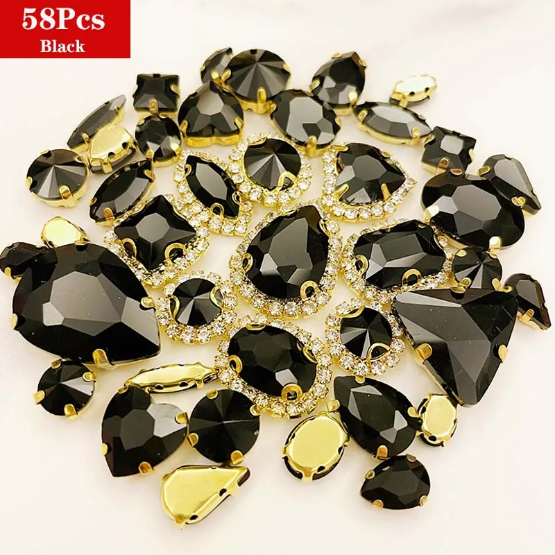 Mixed-58Pcs-Black-Glass-Rhinestones-Golden-Crystal-Buckle-Sewing ...