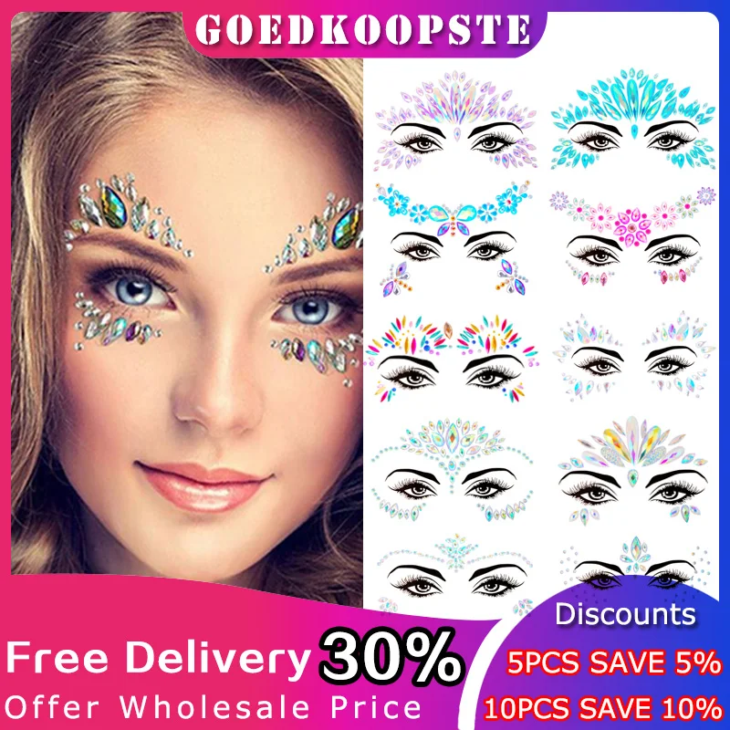 3D Face Crystal Sticker Glitter Temporary Tattoo Fake Tattoos for Women ...