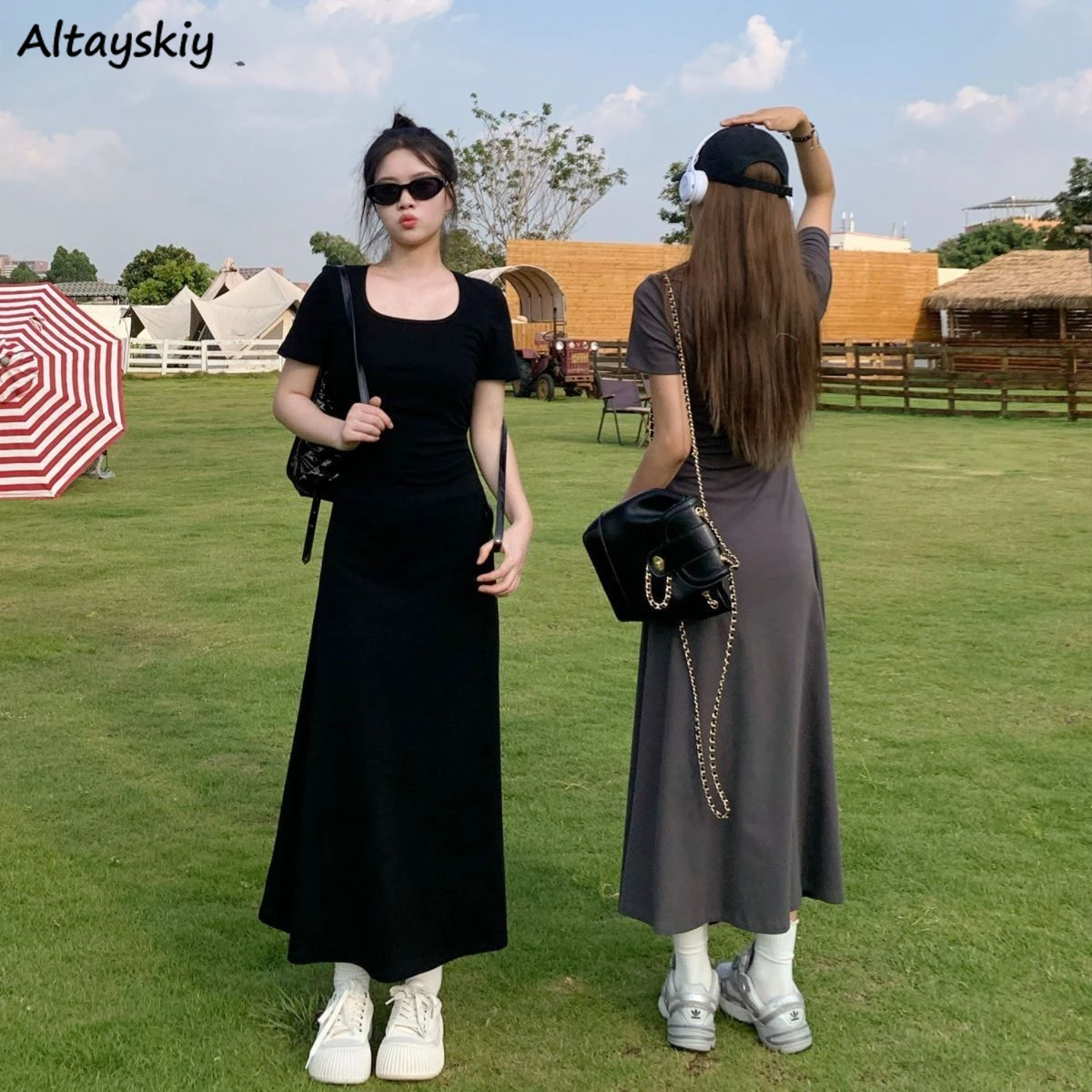 Short-Sleeve-Midi-Dress-Women-Solid-Square-Collar-Temper-Flattering ...