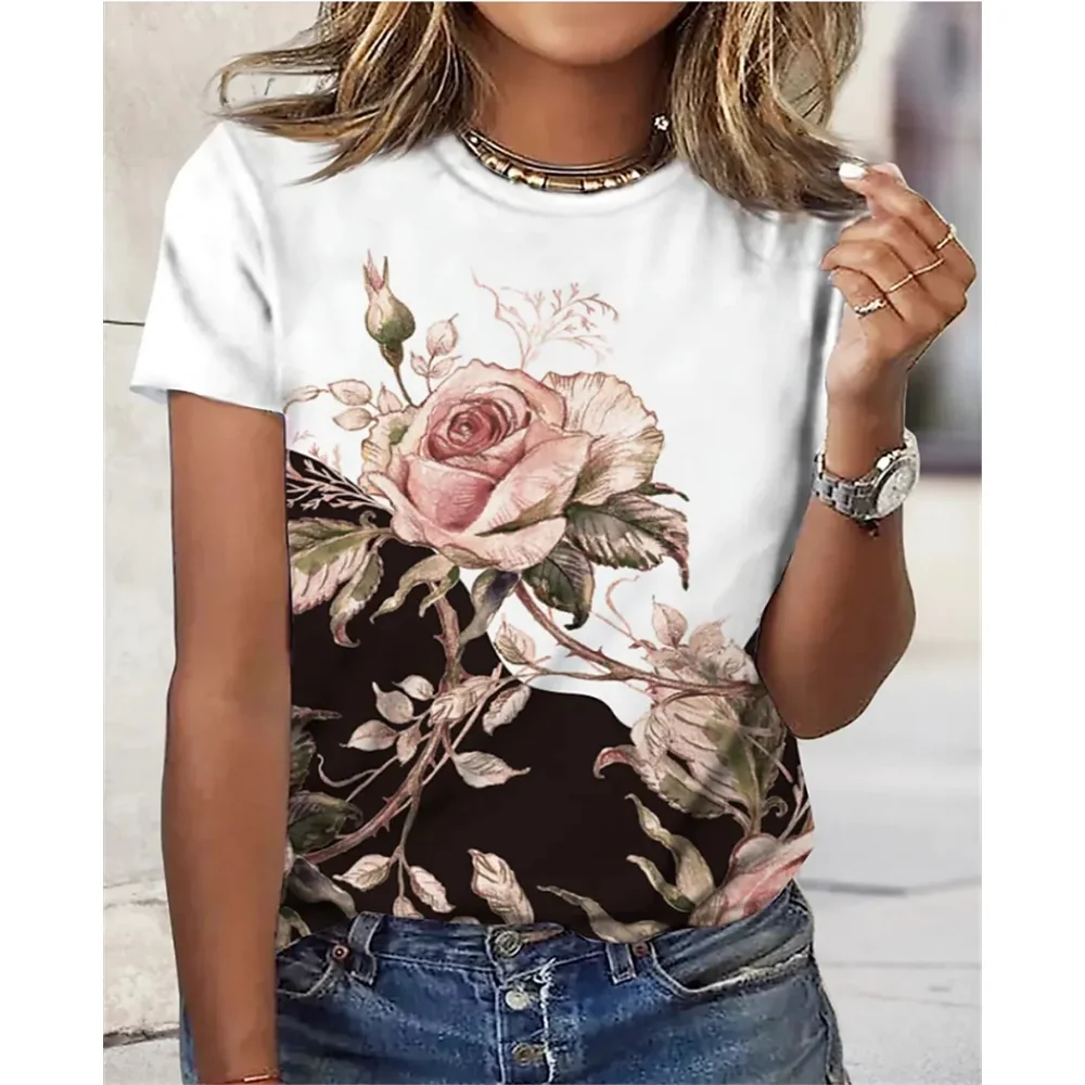 Summer-New-Women-T-shirt-Flower-Pattern-3D-Printing-Fashion-Casual ...