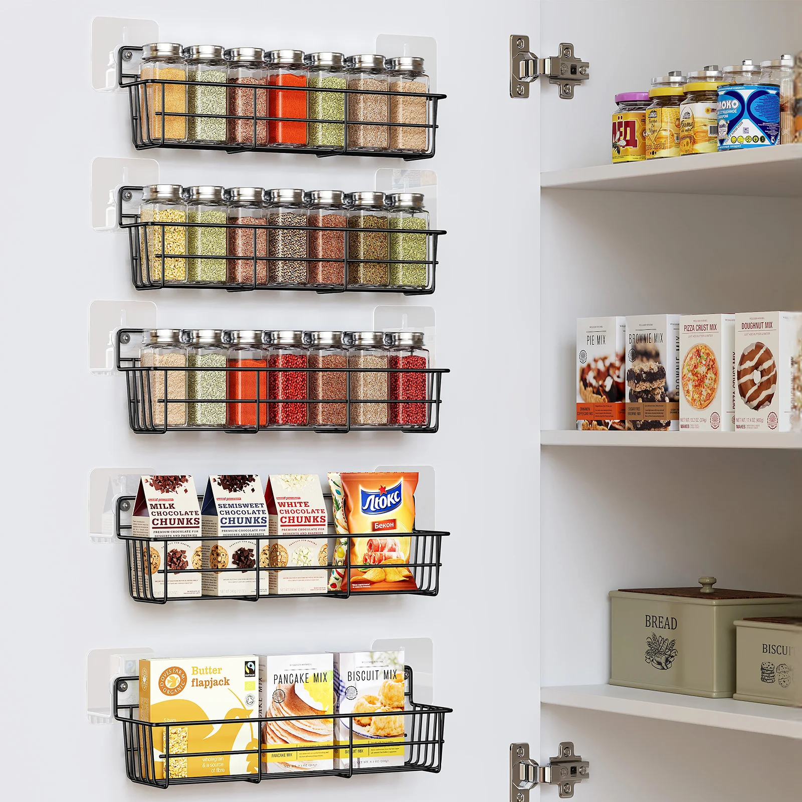 5PCS-Adhesive-Spices-Storage-Rack-Black-Iron-Cabinet-Organizer-Wall ...