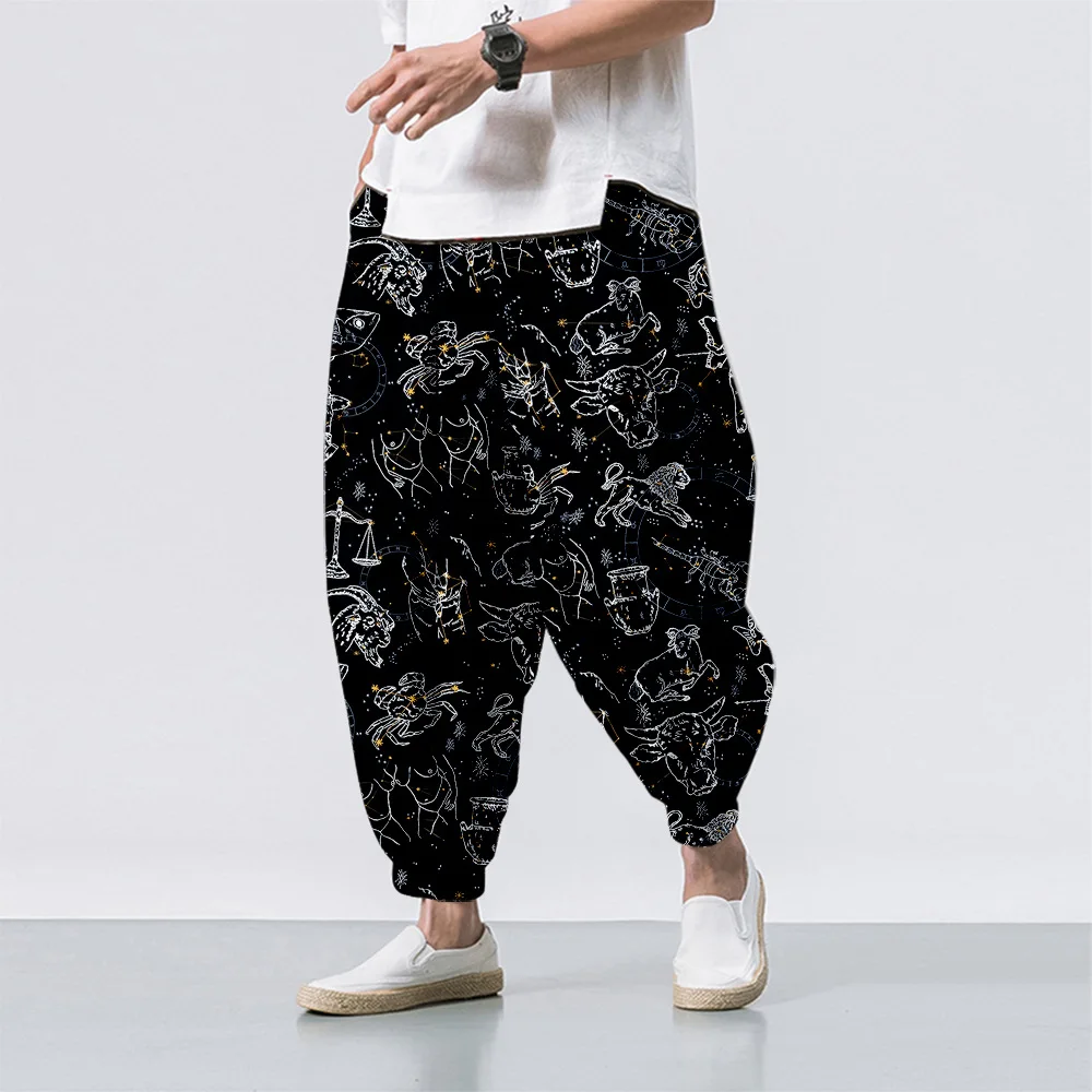 Hipster Ice Silk Satin Men's Pants Constellation Pattern Chinese Style ...
