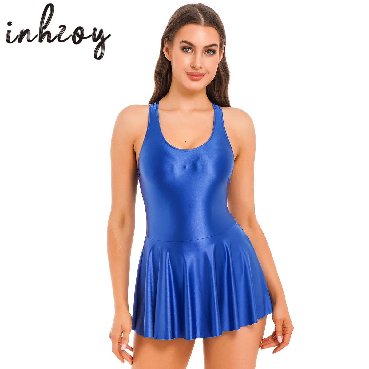 Womens Glossy Skirted Leotards Dance Dress Sexy Oil Shiny Tight Sports Yoga Ballet Practice ...