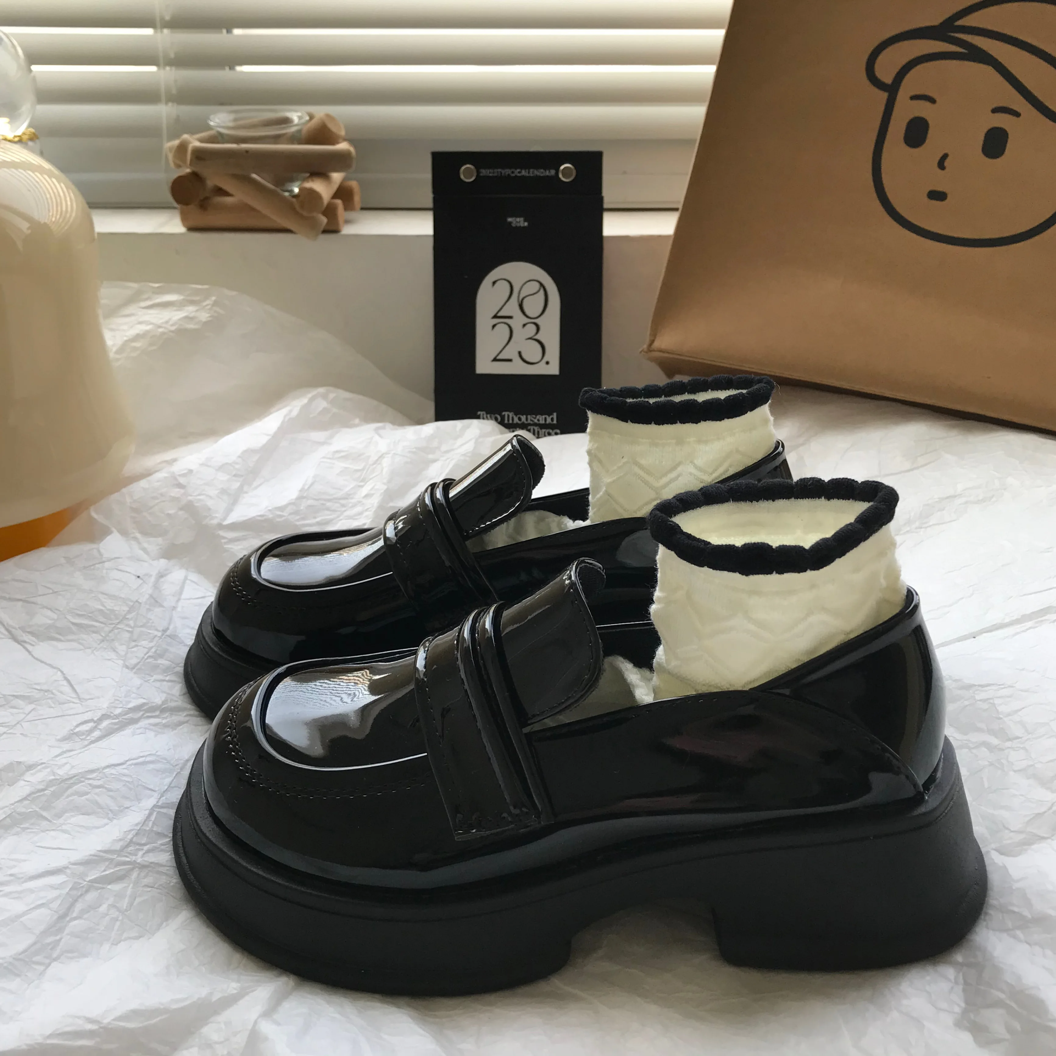 2023 Black thick bottom women Loafers New thick heel lolita shoes ...