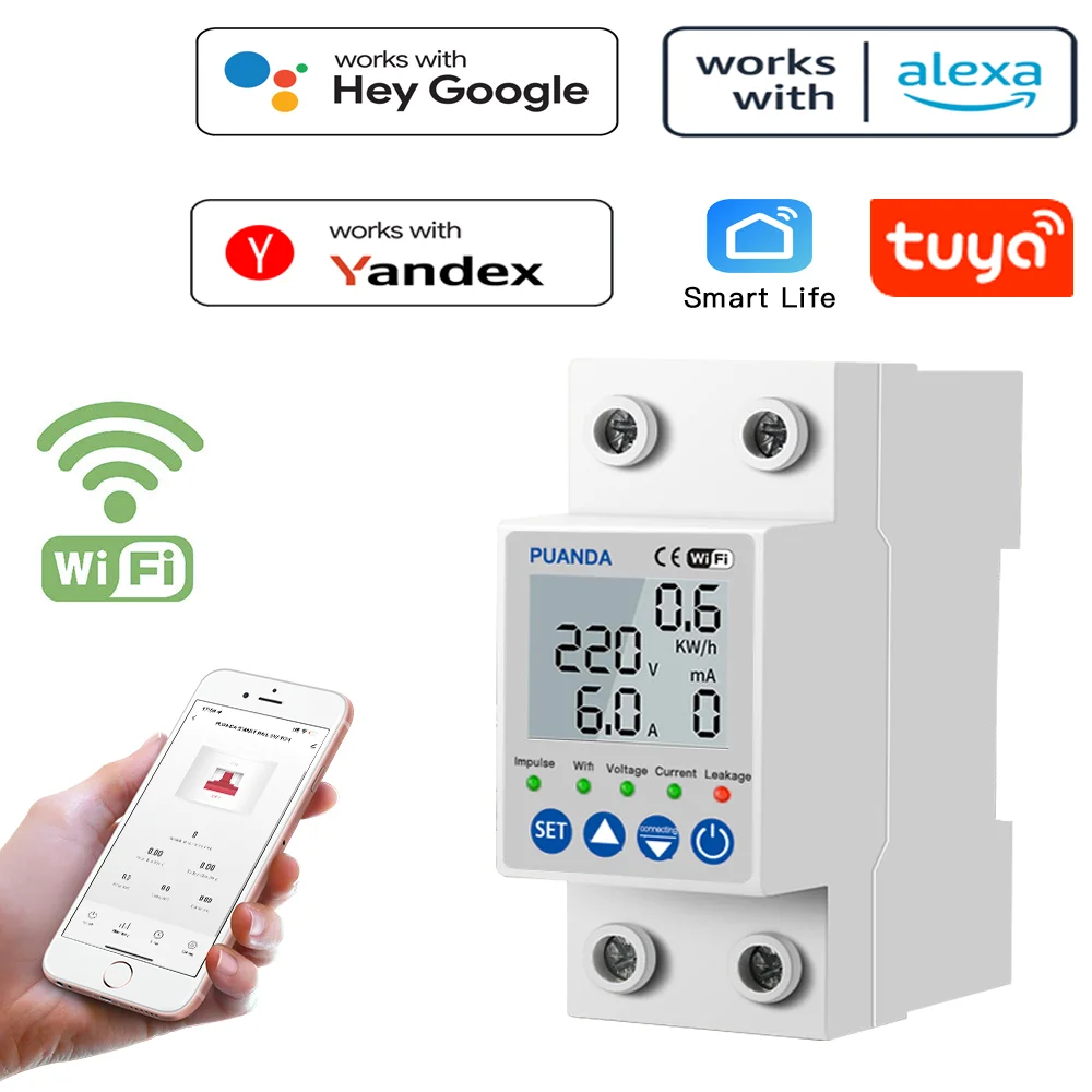 2P 63A TUYA APP WiFi Smart Circuit Earth Leakage Over Under Voltage ...