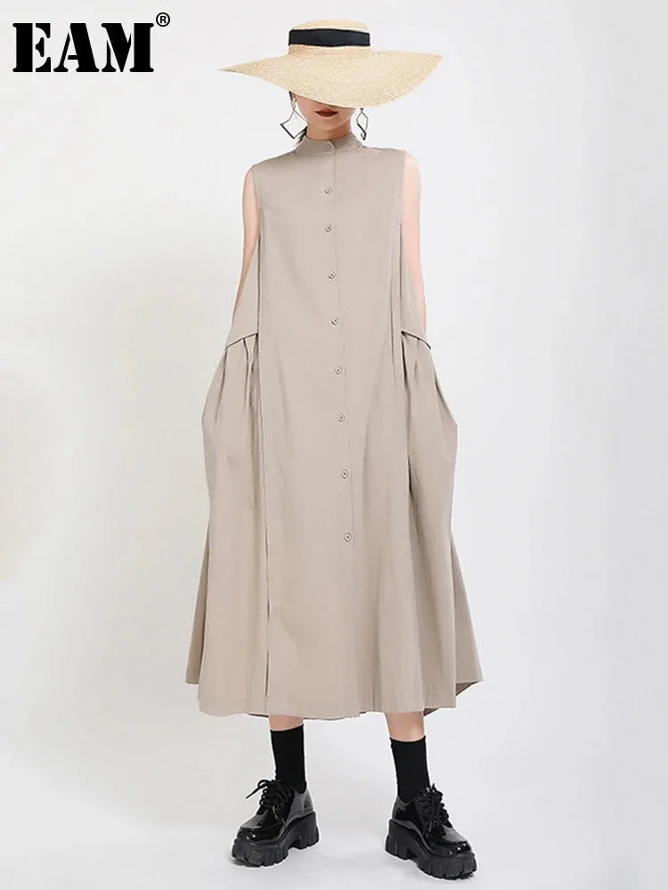 EAM-Women-Khaki-Split-Pleated-Long-Dress-New-Stand-Collar-Sleeveless ...