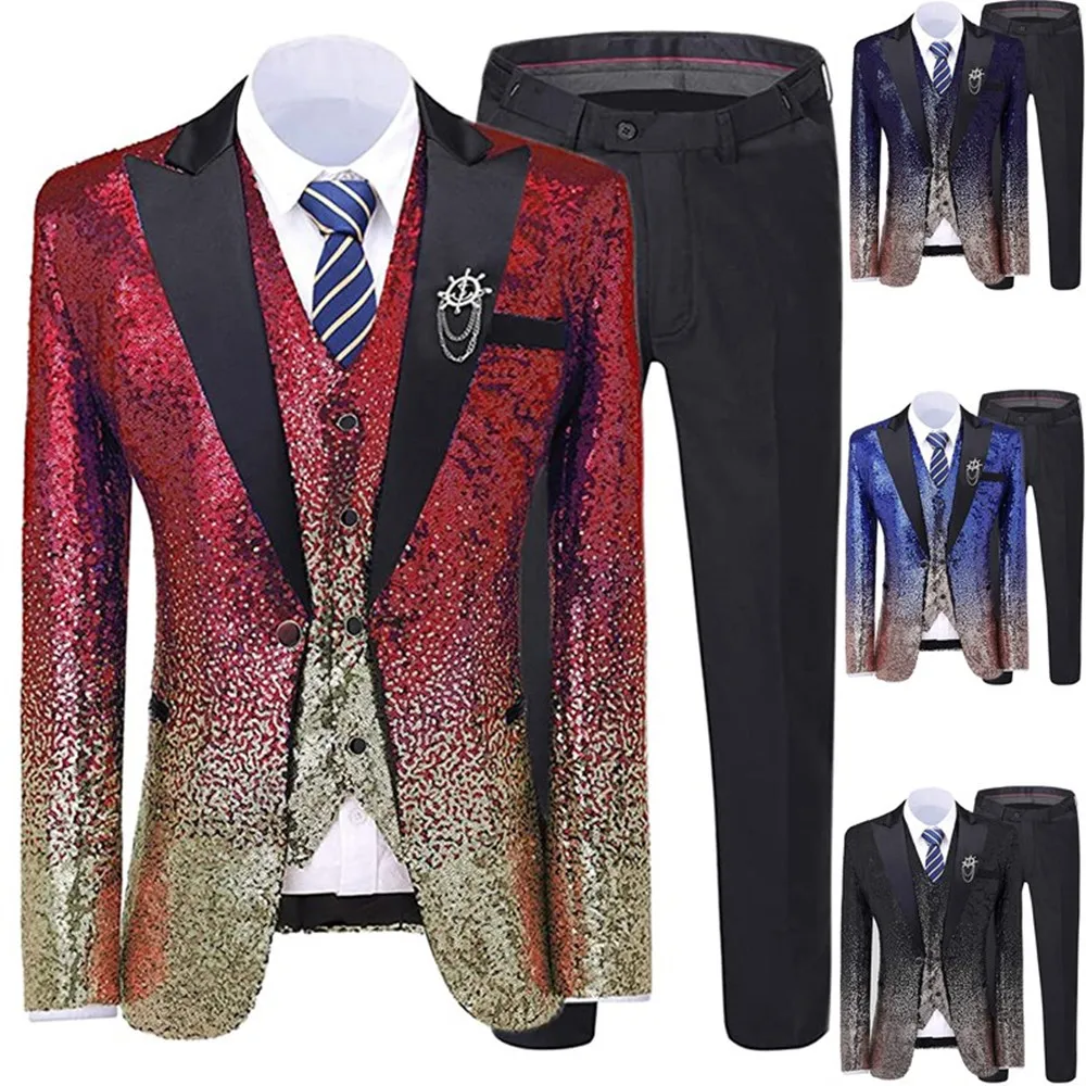 3 Pieces Men's Suit Bling Shiny Color With Gold Mens Suit Slim Fit ...