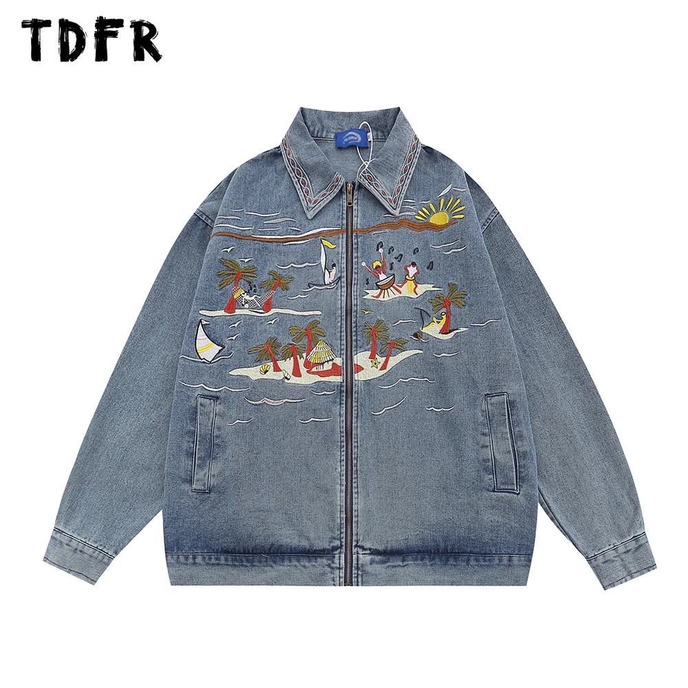 coconut-tree-Embroidery-Denim-Jacket-Mens-Retro-Casual-Washed ...
