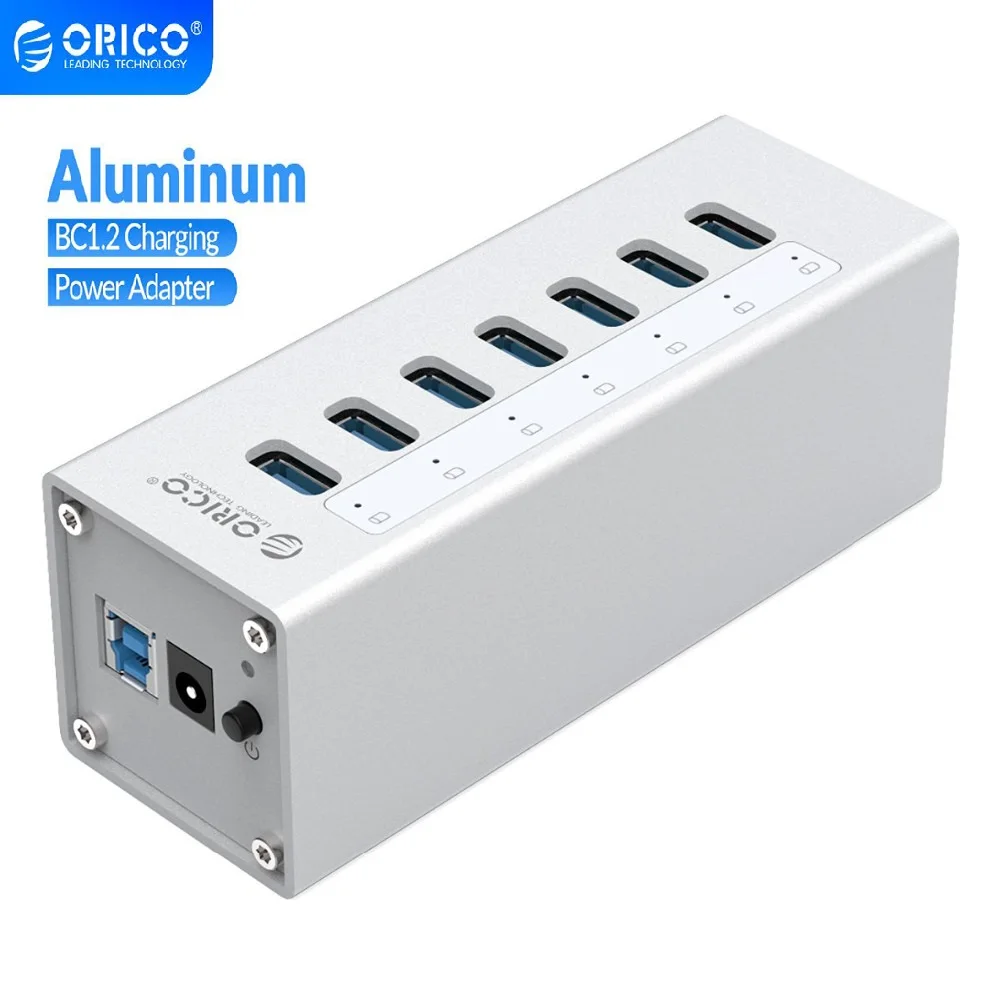ORICO Aluminum 7 Port USB 3.0 HUB High Speed With 12V Power Adapter Support BC1.2 Charging ...