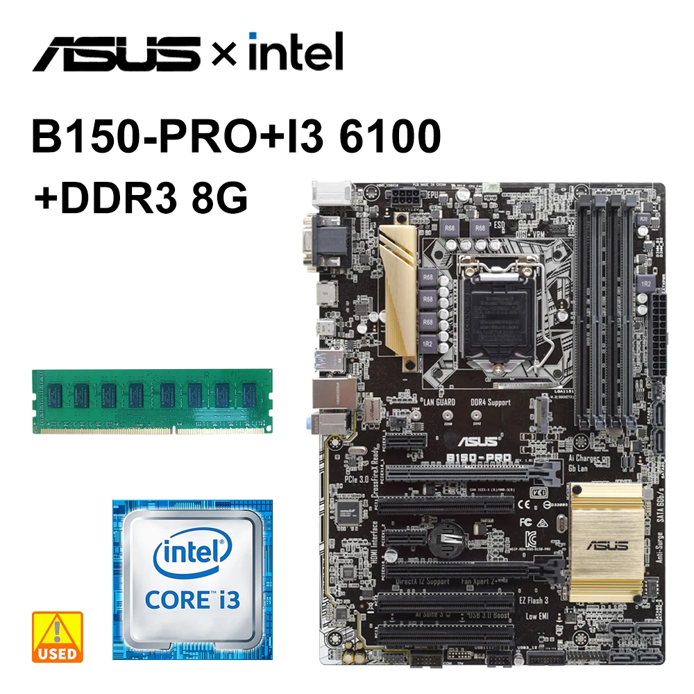 LGA 1151 Kit mãe Asus B150 PRO + i3 6100 cpu + DDR3 8G B150 Placa mãe ...
