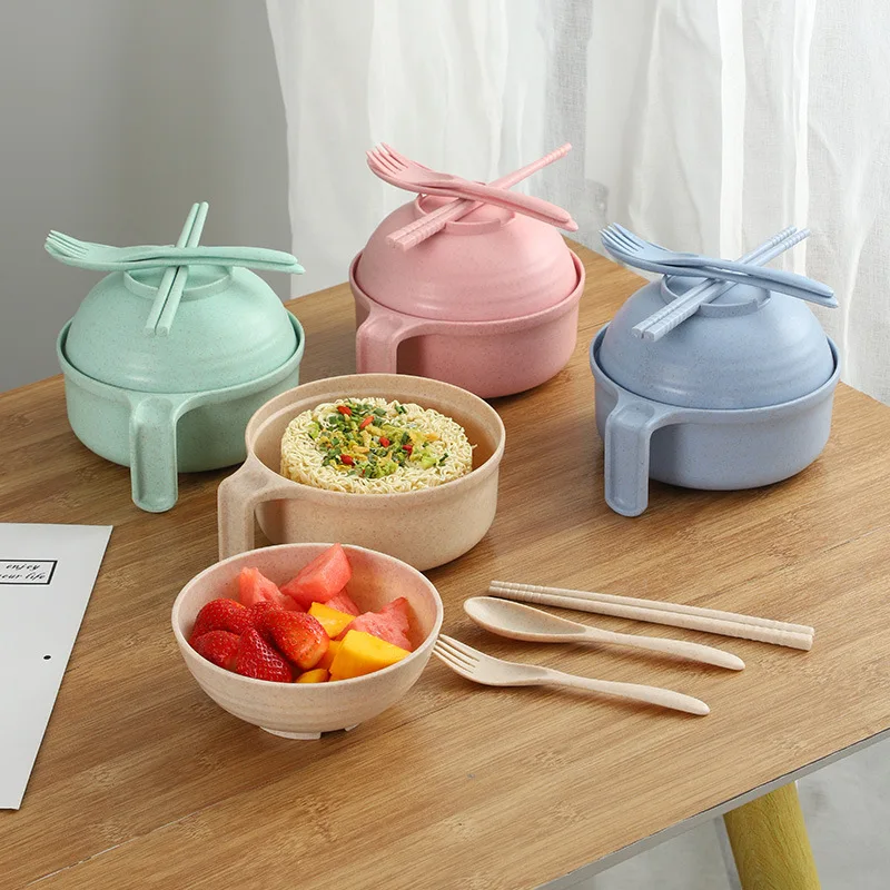 5Pcs-Wheat-Straw-multifunctional-with-lid-bowl-spoon-fork-chopsticks ...