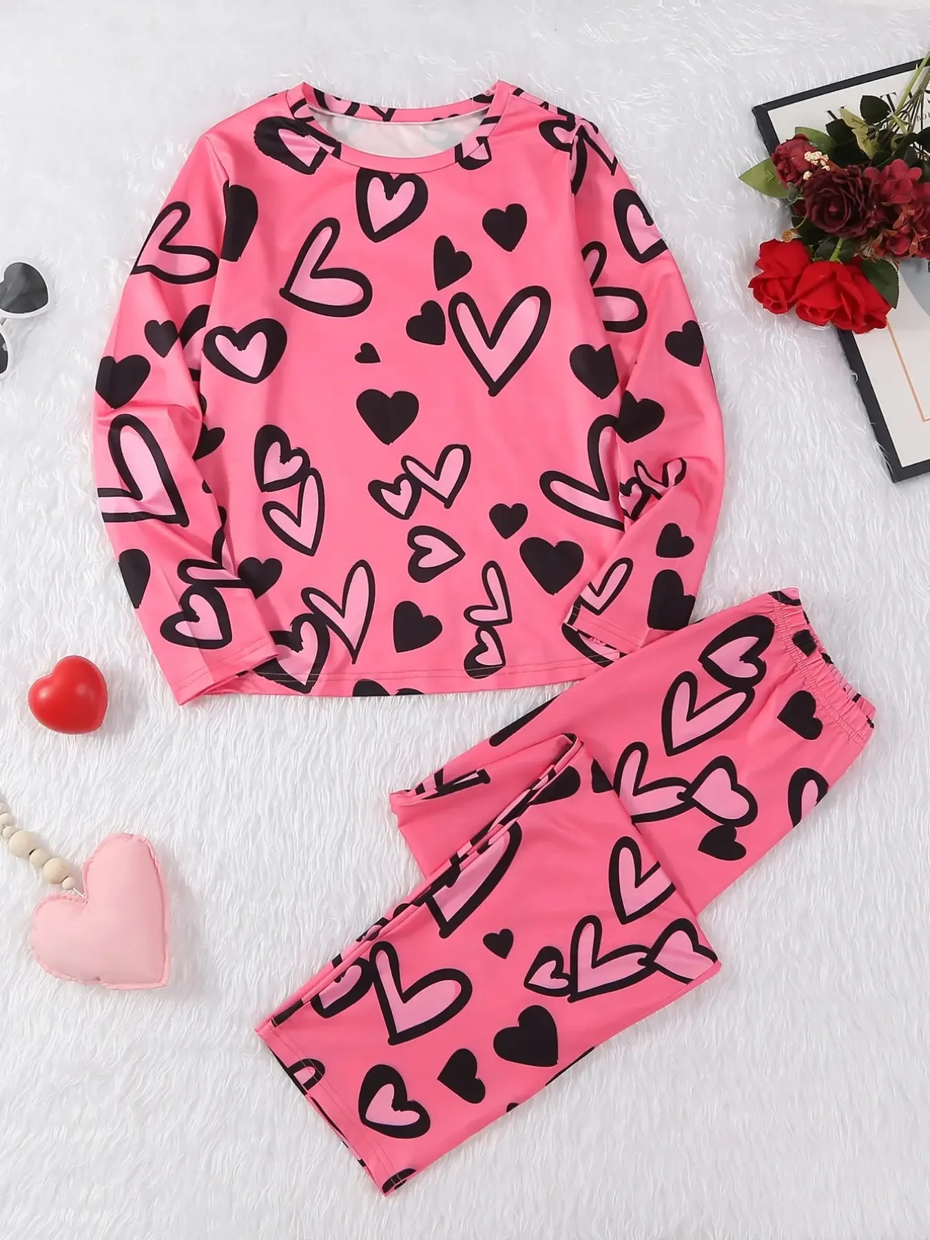 Casual-Heart-Print-Pajama-Set-Long-Sleeve-Crew-Neck-Top-Elastic-Pants ...