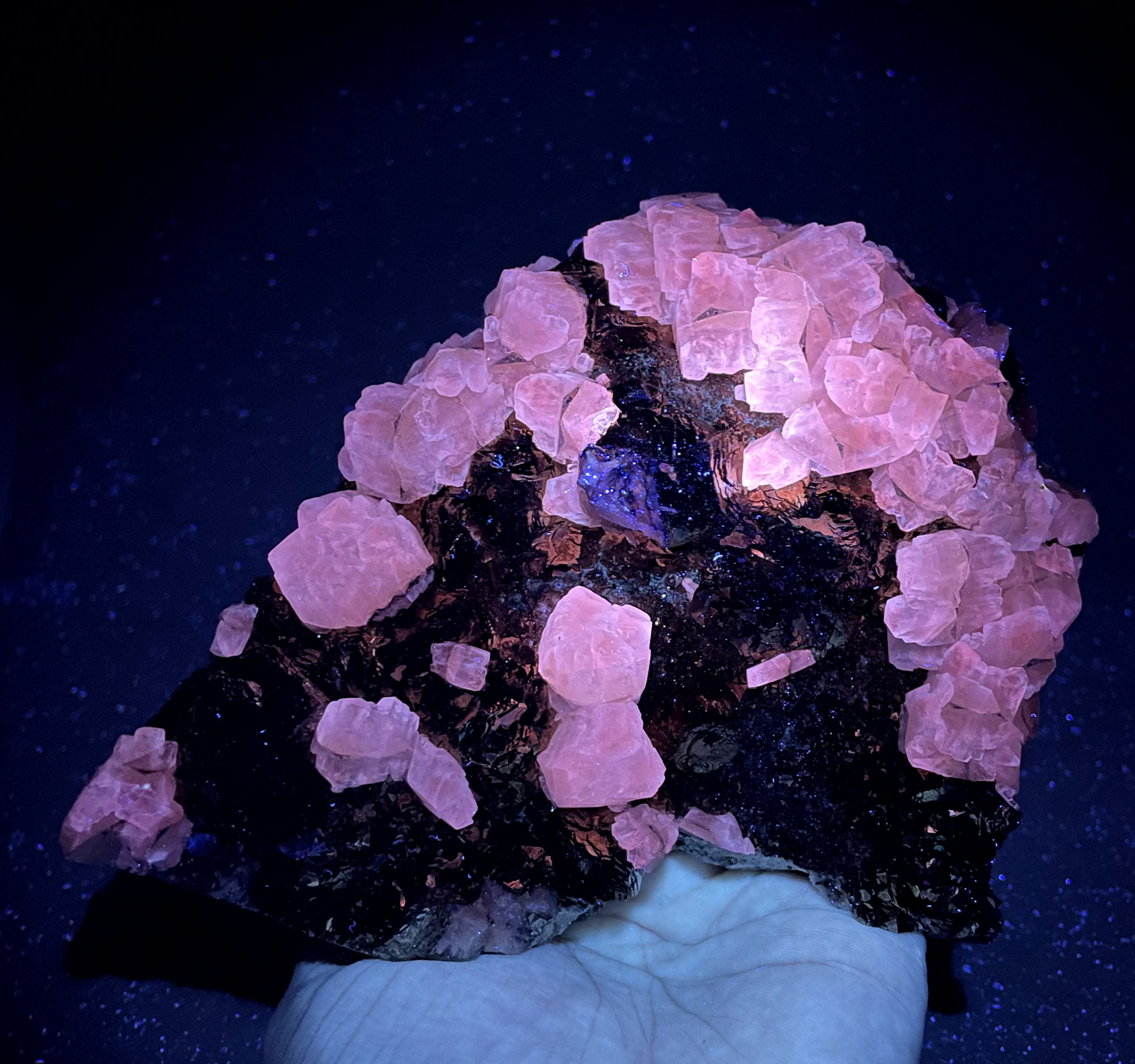 Only one! 1152g Natural Fluorescent pink calcite and chalcopyrite ...