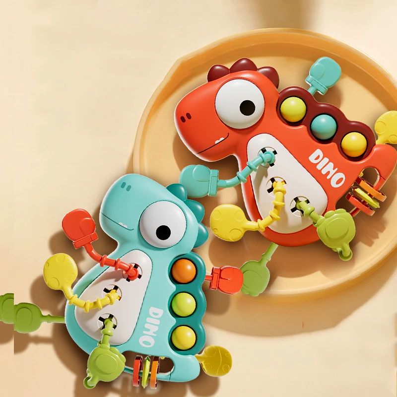 Montessori-Baby-Rattle-Teether-Toys-Silicone-Dinosaur-Pull-String-Games ...