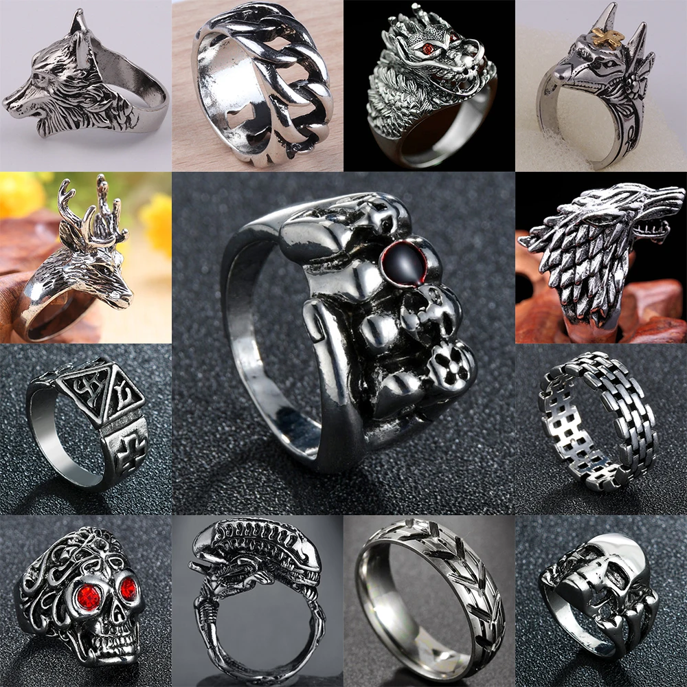 High-Quality-Punk-Rock-Vintage-Men-s-Ring-Skull-Chain-Fist-Dragon-Cool ...
