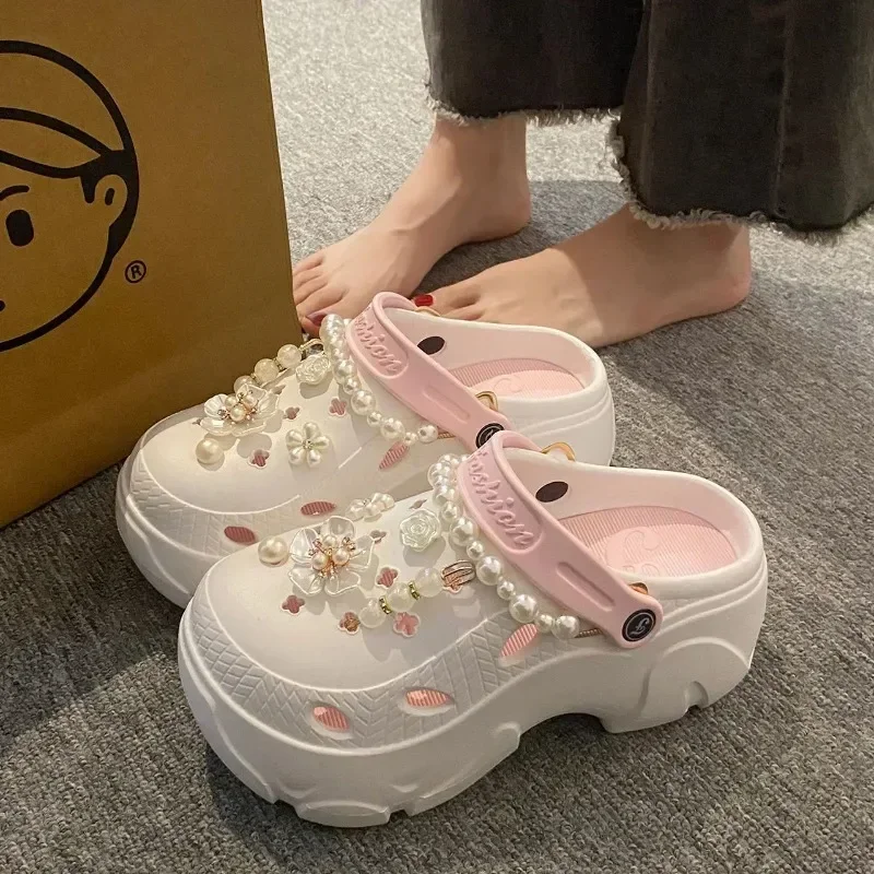 Chunky Platform 2024 Summer Thick Sole Beach Sandals Woman Pearl Chain ...