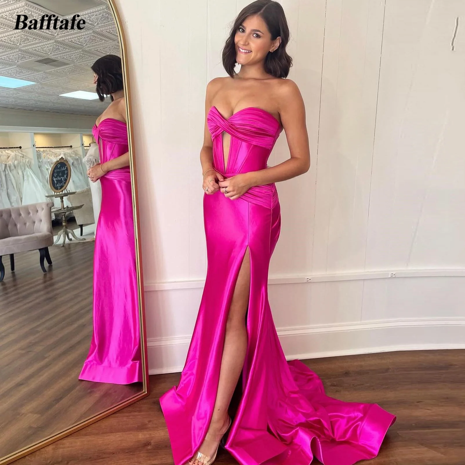 Bafftafe-Fuchsia-Satin-Mermaid-Evening-Dresses-Pleated-Sexy-High-Slit ...