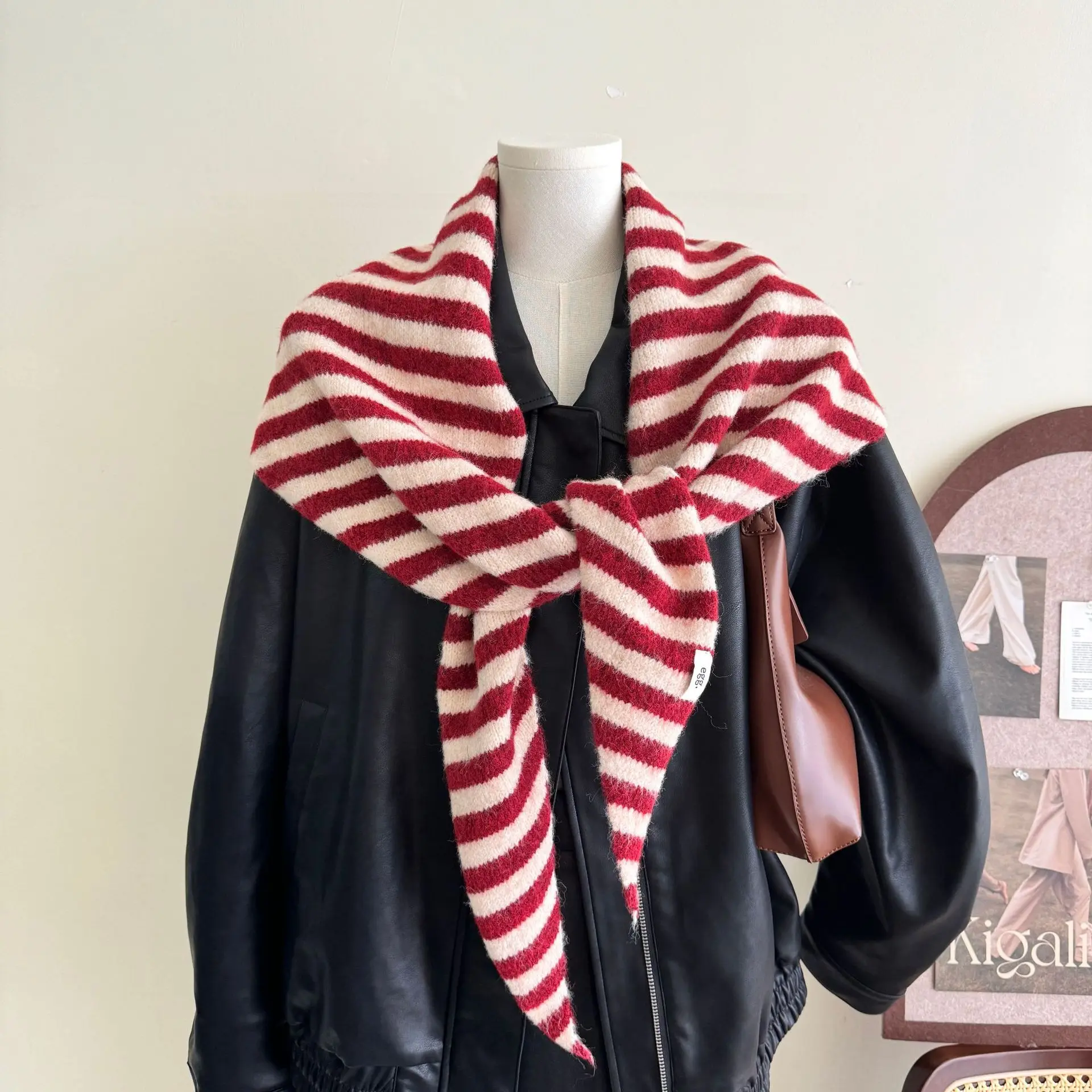 Fashion Women Wool-blend Knitted Striped Triangle Scarf Winter Warm ...
