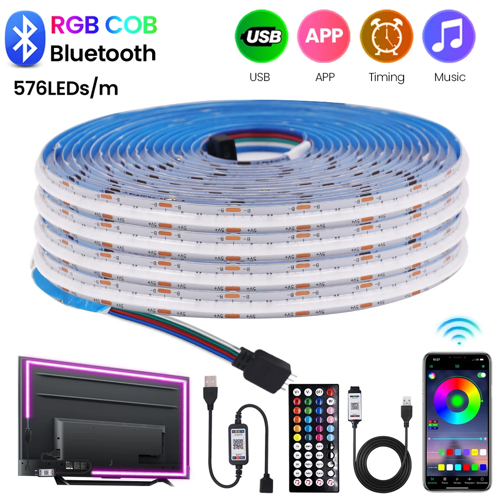5V-USB-RGB-COB-LED-erit-i-k-uzaktan-Bluetooth-APP-kontrol-576LEDs-m-y ...