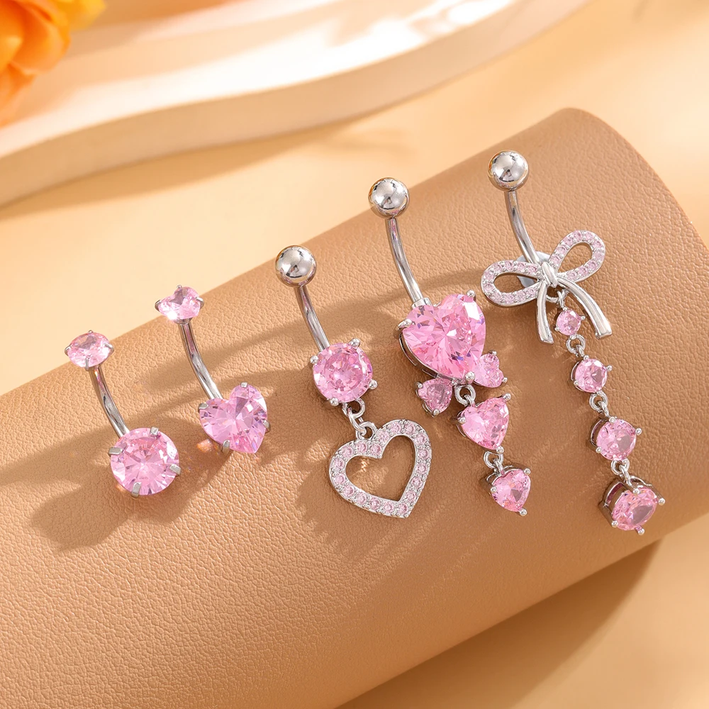 Pink-Crystal-CZs-Big-Heart-Knot-Series-Belly-Button-Ring-Sets-Jewelry ...
