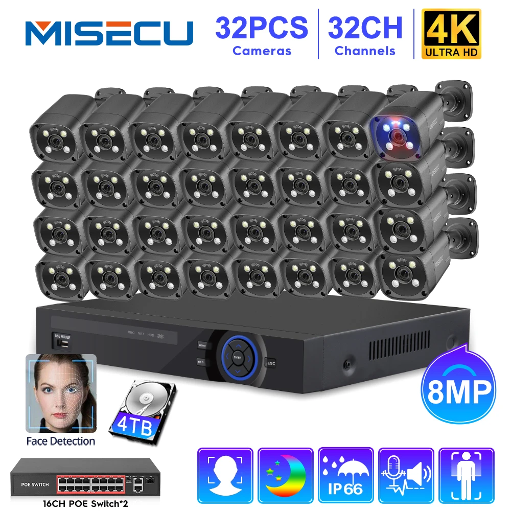 H.265 32 Channel 4K NVR Kit 8MP POE CCTV Camera Security System Outdoor ...