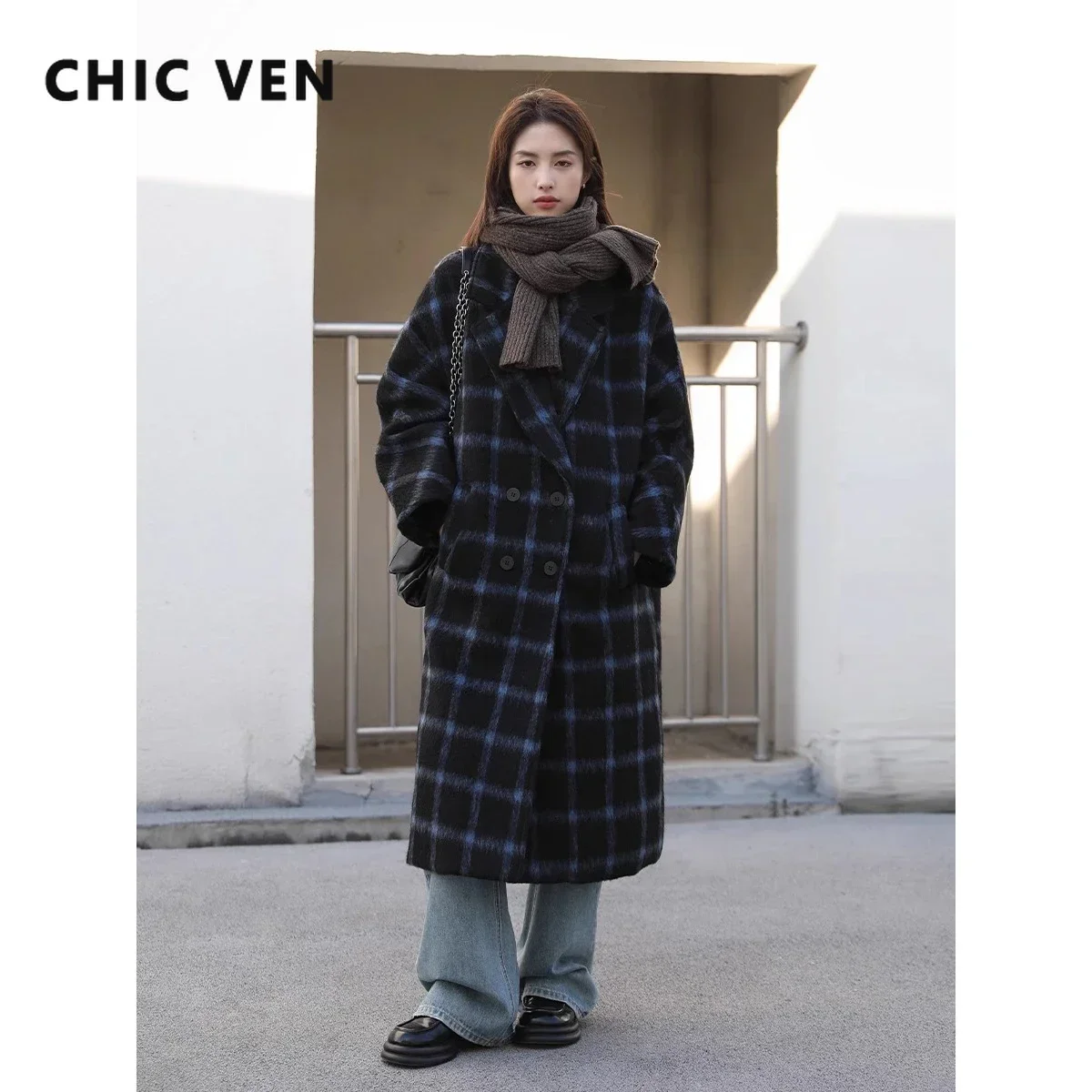 CHIC-VEN-Fashion-Women-s-Woolen-Coat-Loose-New-Retro-Cotton-Checkered ...