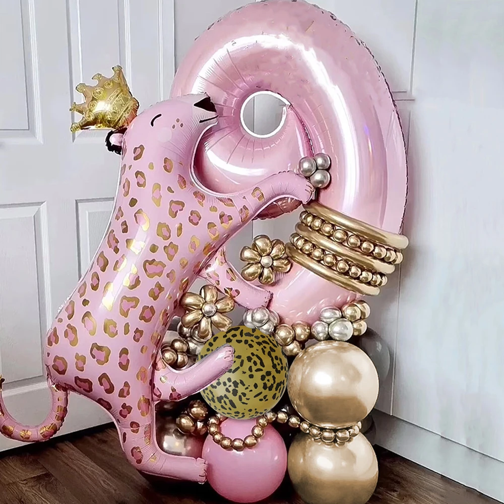28pcs/set Pink Panther Number Balloon Leopard Printed Gold Latex ...