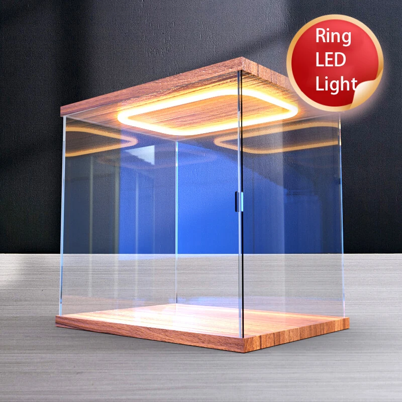 Walnut-Color-Acrylic-Clear-Display-Case-with-Ring-LED-Lights-Storage ...