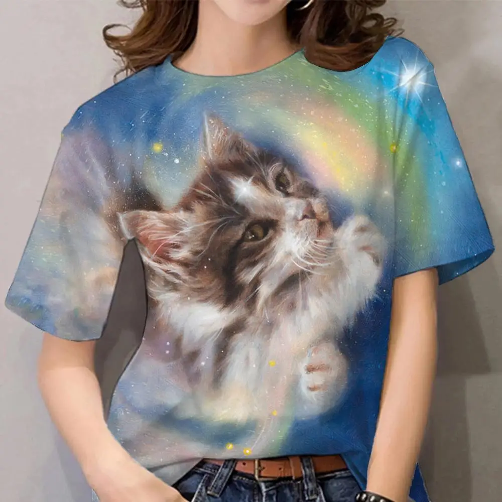 3D-Cat-Print-T-shirt-Women-s-Short-Sleeve-O-Neck-Loose-Daily-T-shirt ...