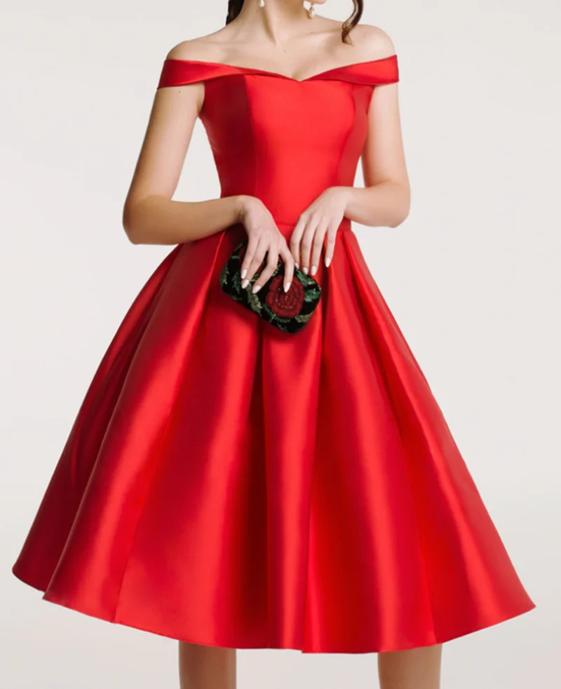 Simple Red Prom Dresses A-Line Off The Shoulder Satin Short Prom Gown ...