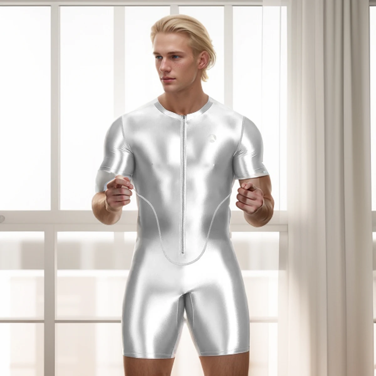 AMORESY Men Glossy Satin Short Sleeve Knee-Length Bodybuilding Swimwear ...