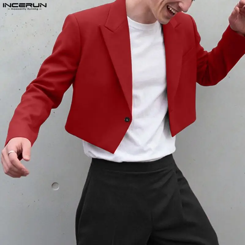 INCERUN Men Blazer Solid Color Lapel Long Sleeve One Button Male Suit ...