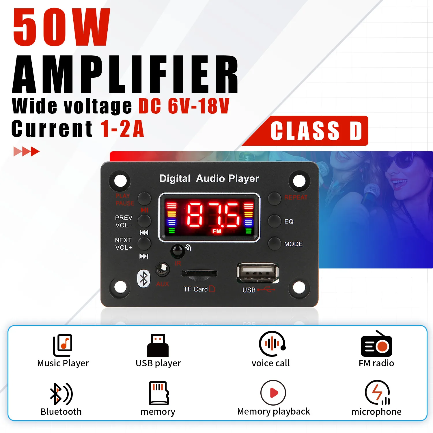 ARUIMEI 2*25W amplifier MP3 Player Decoder Board 18V Bluetooth 5.0 50W ...