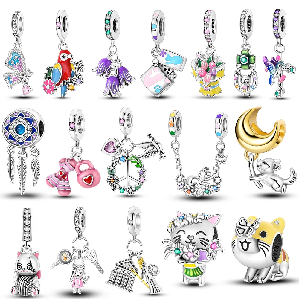 Abalorio-Chapado-en-plata-con-forma-de-gato-Luna-columpio-perro-flor ...