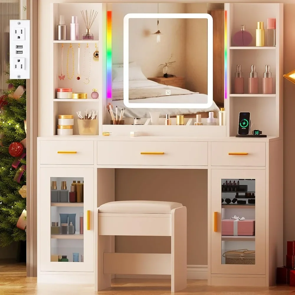 3 Colors 43.3" Makeup Vanity with RGB Lights and Power Strip Vanities ...