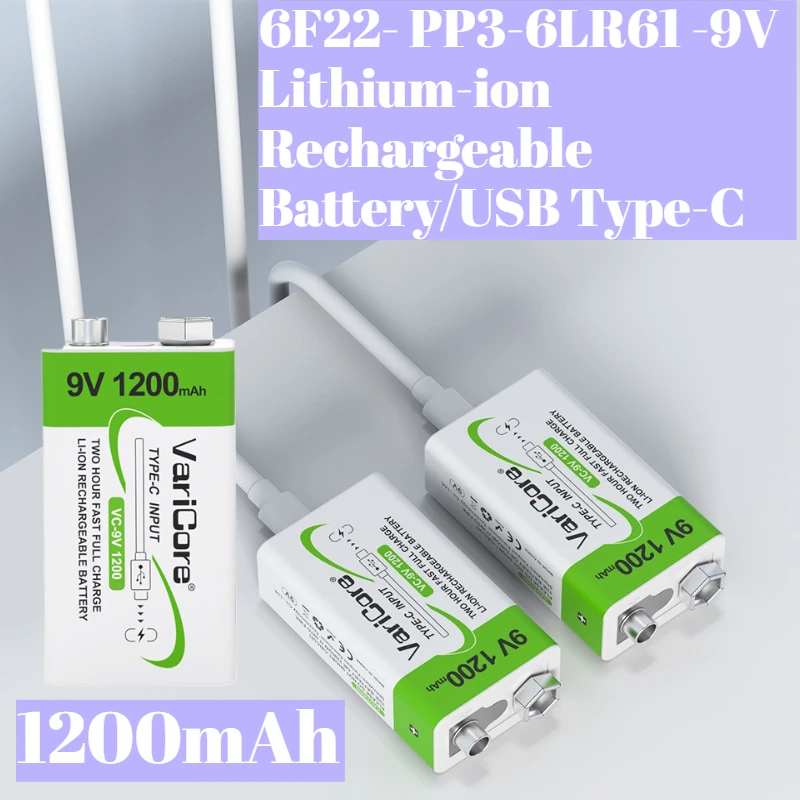6F22- PP3-6LR61 -9V Lithium-ion Rechargeable Battery/USB Type-C ...