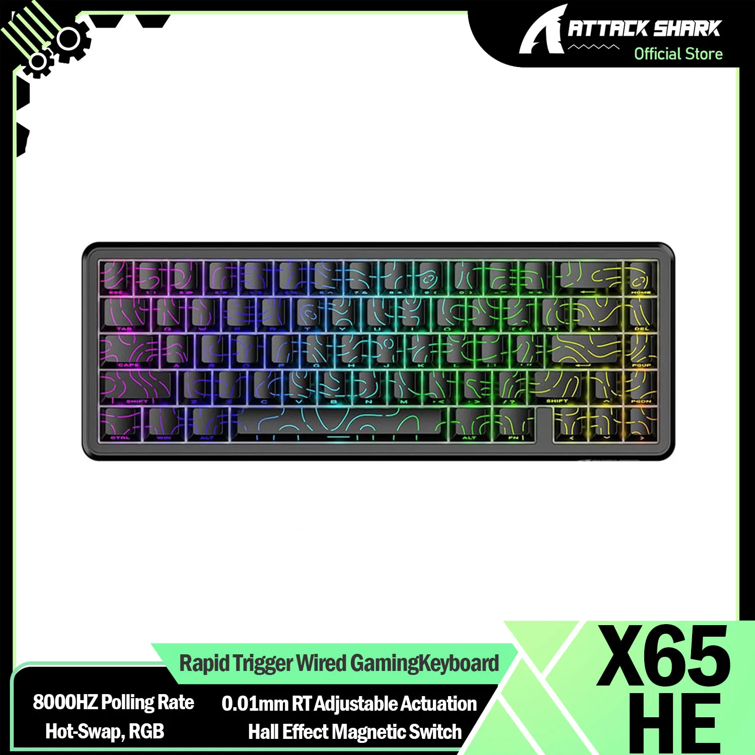 ATTACK SHARK X65 HE 65% Wired Magnetic Switch Keyboard, 8000 Hz Polling ...