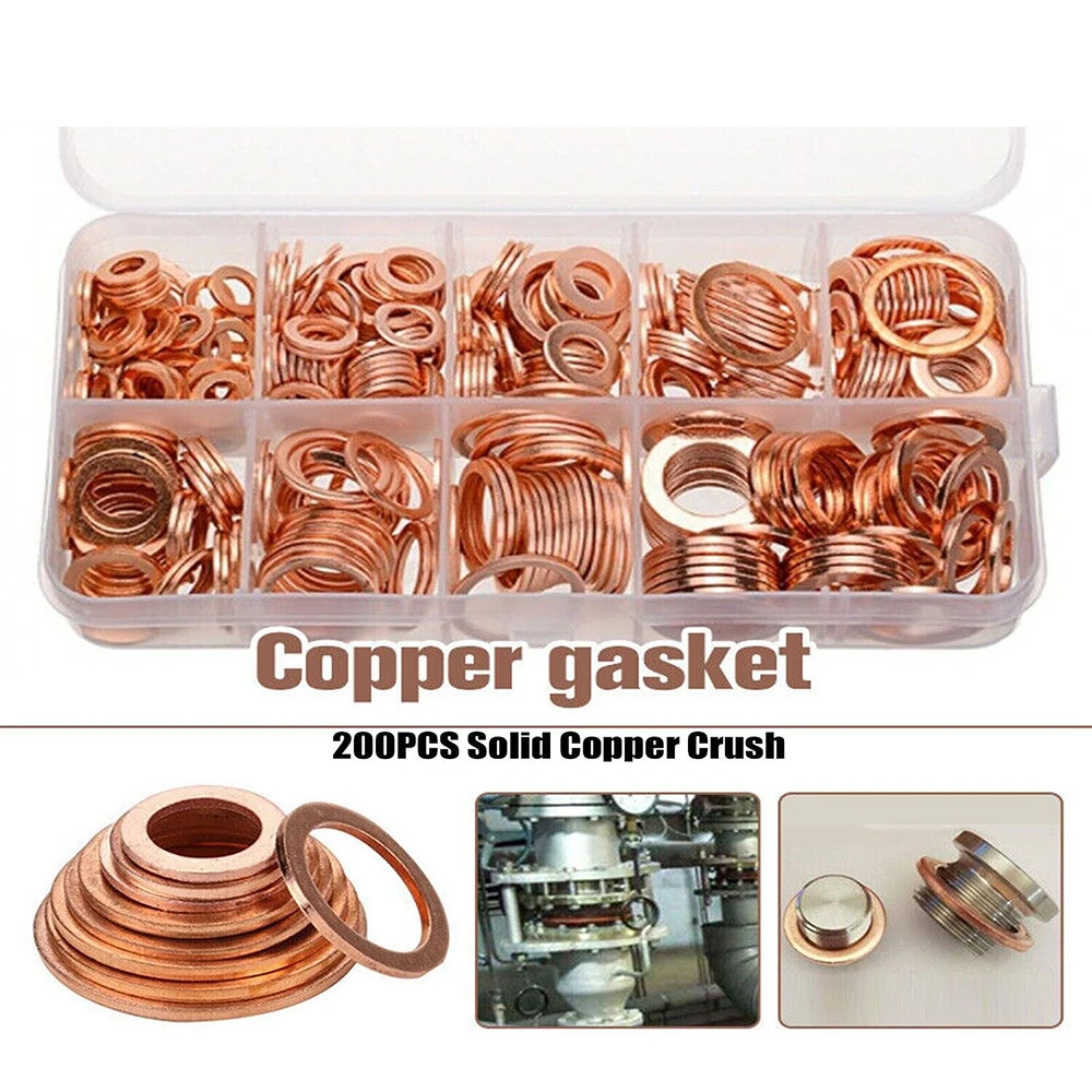 200-Pcs-Kit-Solid-Copper-Crush-Washers-Gasket-Set-Flat-O-Ring-Seal ...