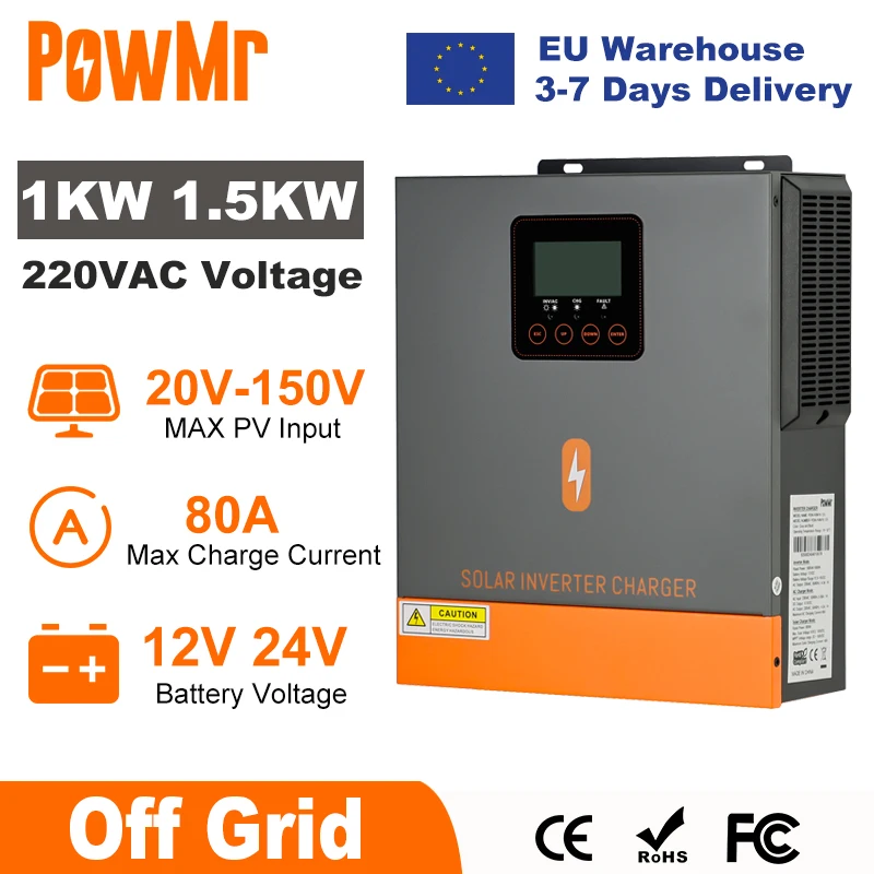 PowMr 1000W 1500W Hybrid Solar Inverter 12V 24V 220V Off Grid Pure Sine ...
