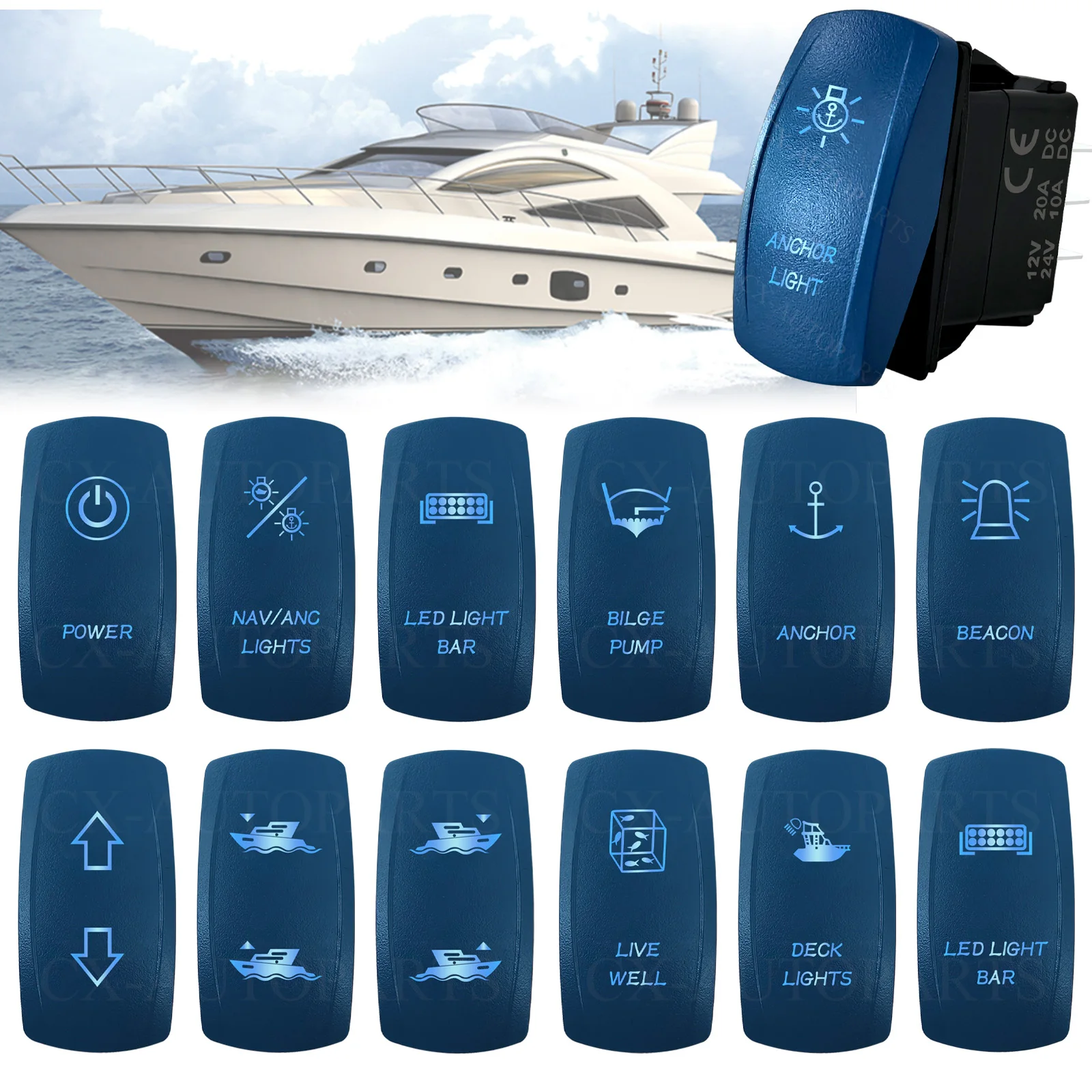 Waterproof Marine Boat Rocker Switch 12V-24V Blue Lighting SPST ON-OFF ...