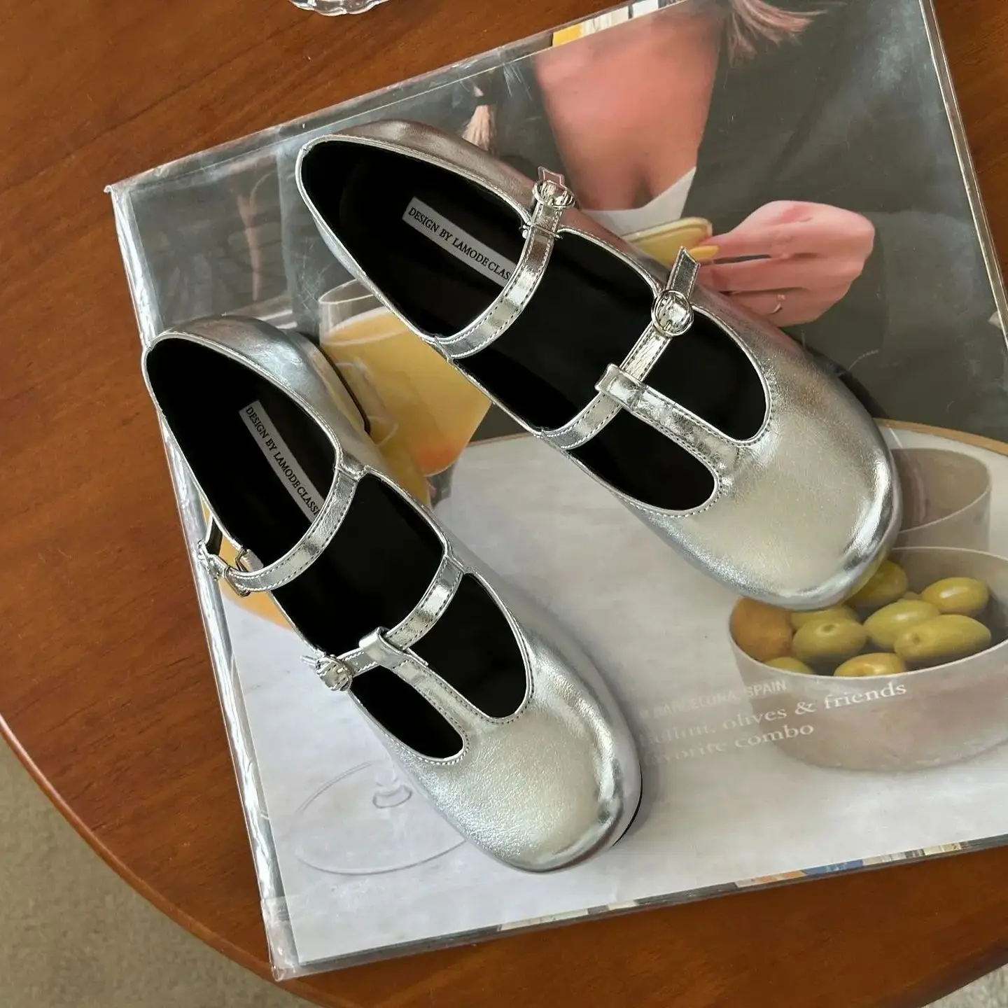 IPPEUM-Silver-Mary-Janes-Shoes-Ballet-Flats-Women-White-Round-Toe-Ankle ...