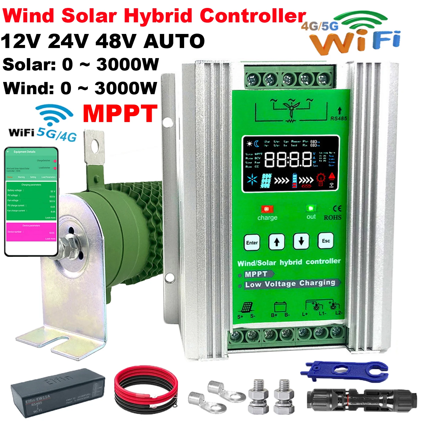 5000W MPPT Wind Solar Hybrid Charge Controller 12 24 48V 80A 120A LCD ...