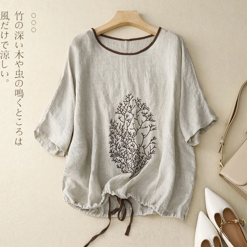 Women-s-embroidered-cotton-linen-T-shirt-large-size-summer-new-fashion ...