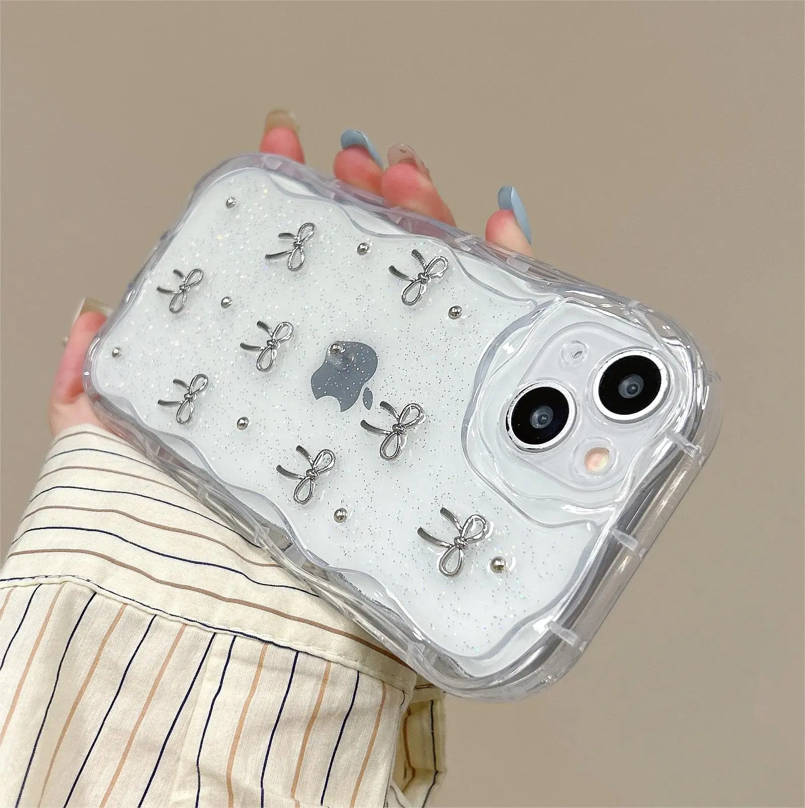 Fashion-Transparent-Silver-Bow-Tie-Phone-Case-For-iPhone-15-14-13-12-11 ...