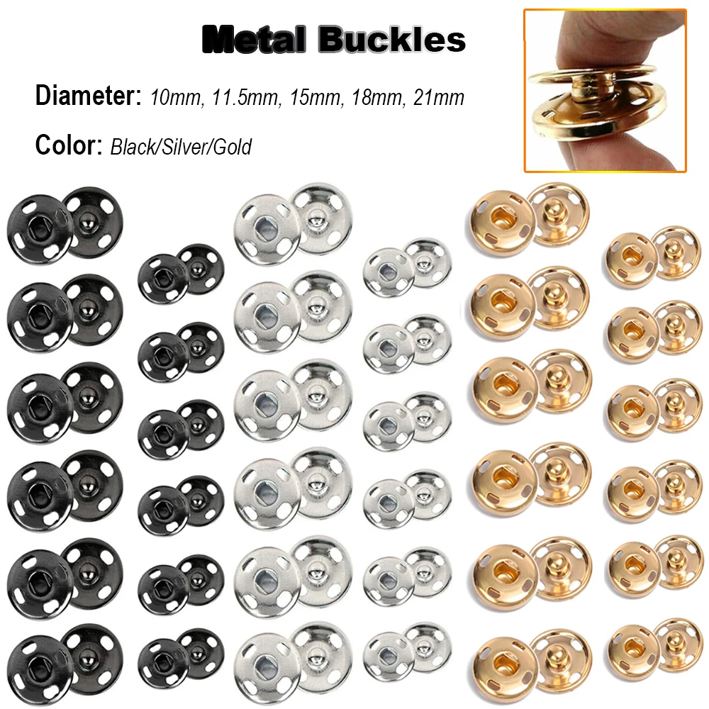 10/50Sets 10mm-21mm Metal Black Gold Silver Color Sew-on Snap Buttons ...