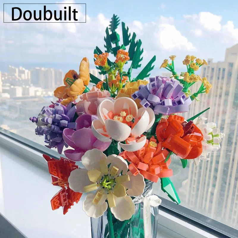 Doubuilt Block Bouquet Brick Flower Model Free Combination Roses Cherry ...